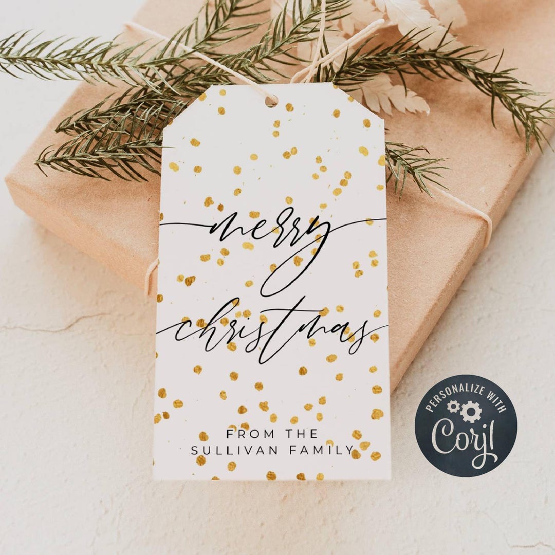 Gold Spots Christmas Gift Tag Template, Printable Modern Holiday Party ...