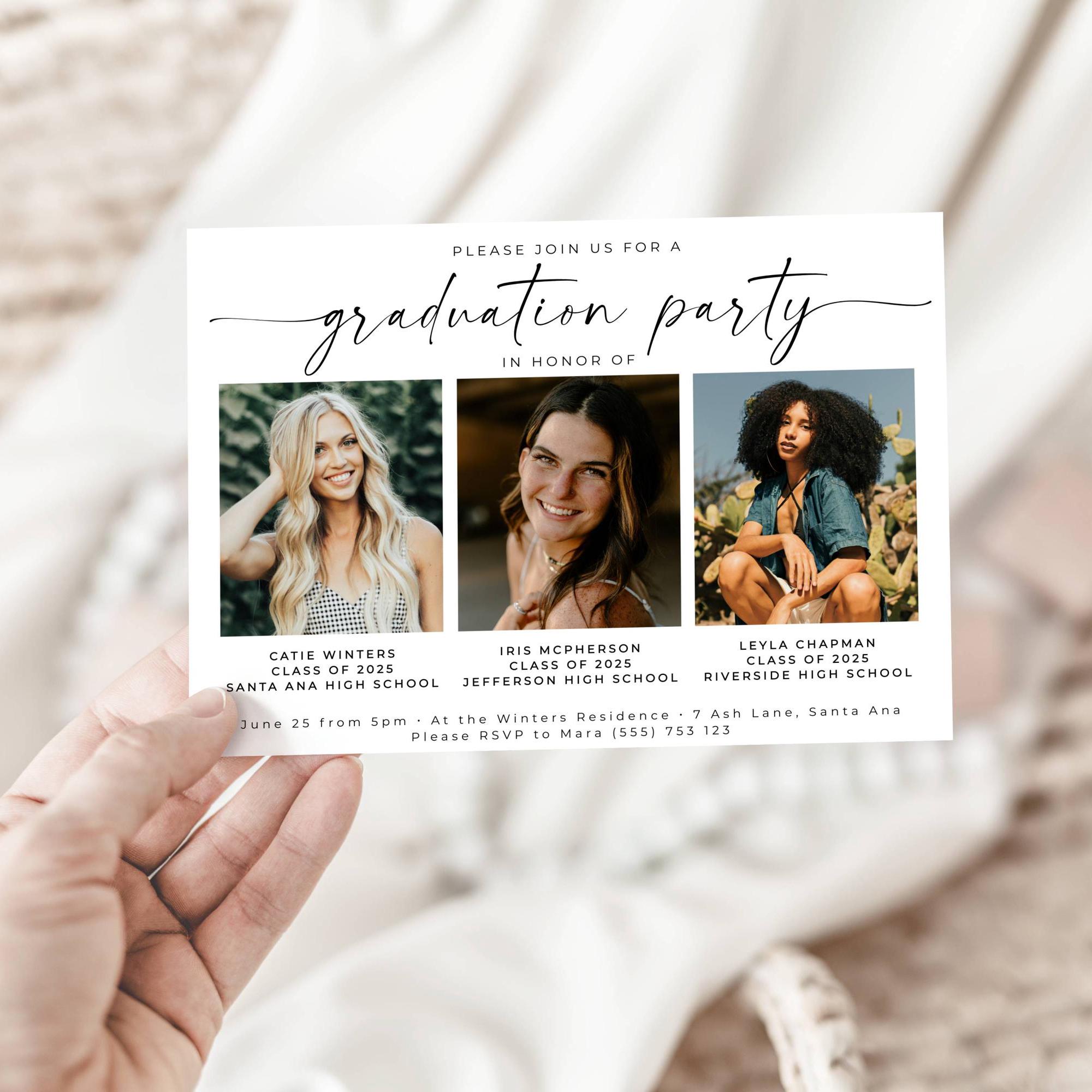 Three People Graduation Invitation Template, Printable Joint Photo ...