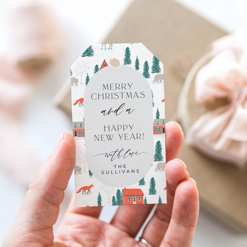 Winter Christmas Favor Tag Template, Printable Holiday Snow Foxes Gift ...