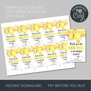 Printable Teacher Appreciation Gift Tag Template, Thank You for Bee-ing ...