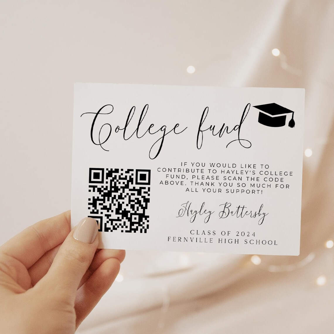Elegant QR Code College Fund Insert Card Template, Printable Grad ...