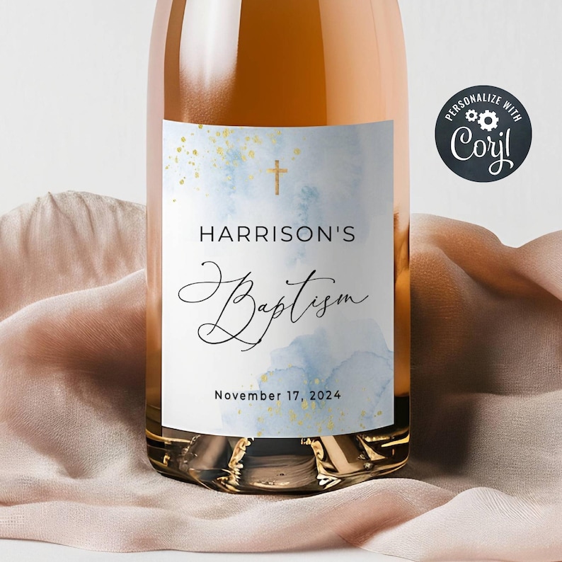 Blue & Gold Baptism Wine Bottle Label Template, Printable Watercolor ...