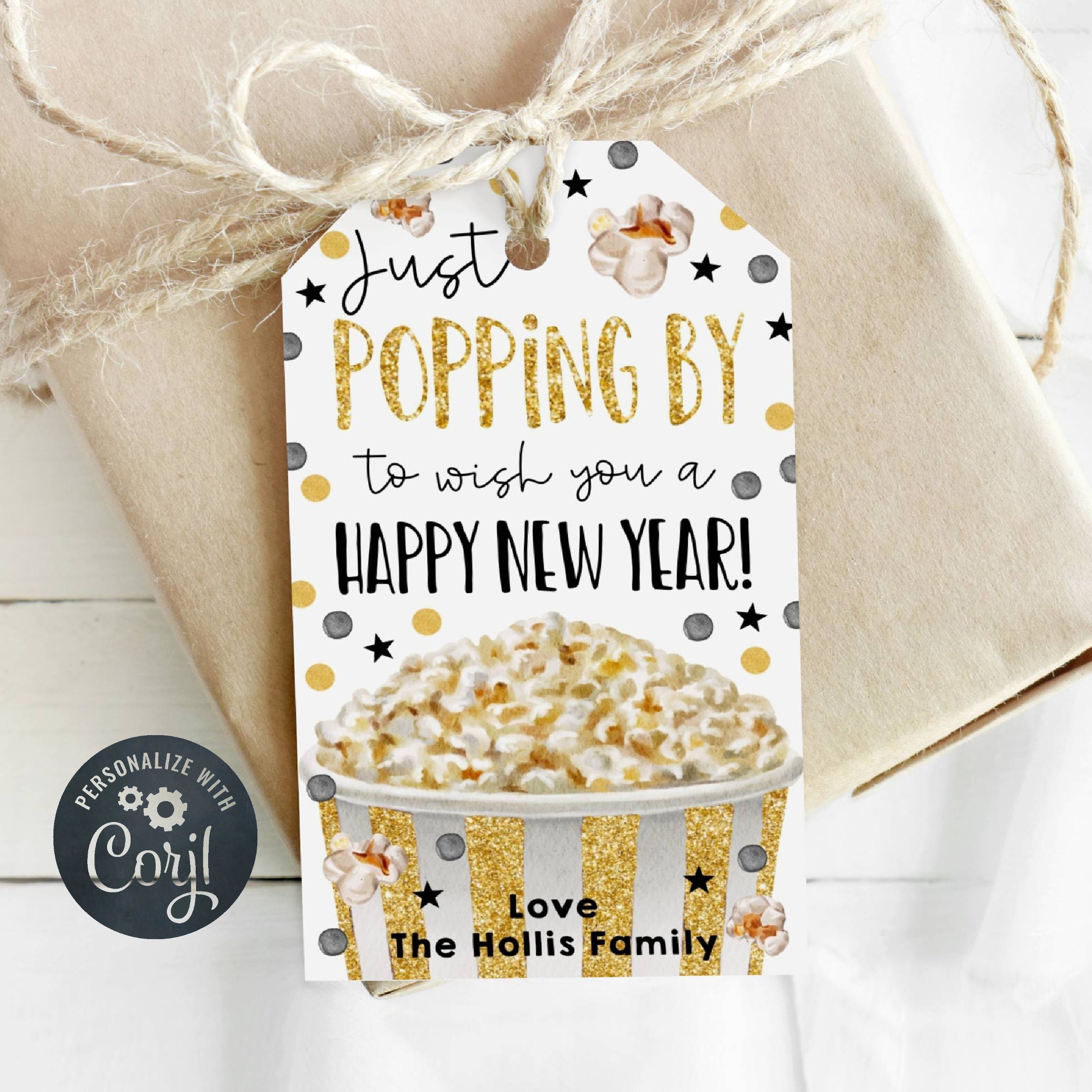 New Year's Eve Popcorn Gift Tag Template, Printable Just Popping by NYE ...