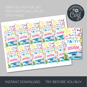 Pool Party Favor Tag Template, Printable Summer Birthday Thank You Tags ...