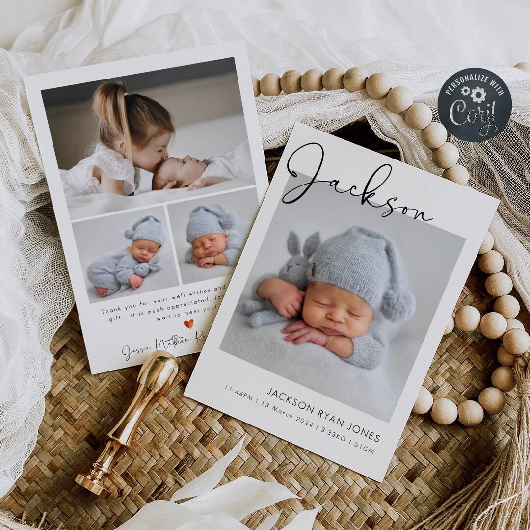Newborn Baby Birth Announcement Template, Printable Modern Script Photo ...