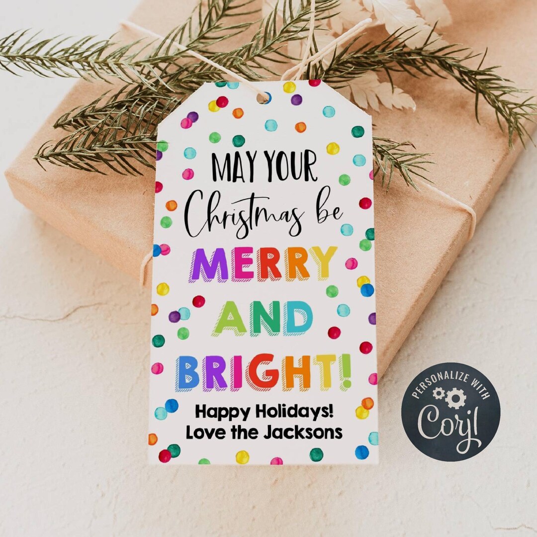 Merry & Bright Christmas Gift Tag Template, Printable Holiday Gift Tag ...