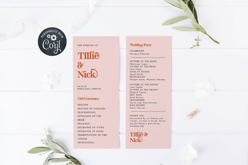 Retro Wedding Program Template Printable Peach & Rust | Etsy