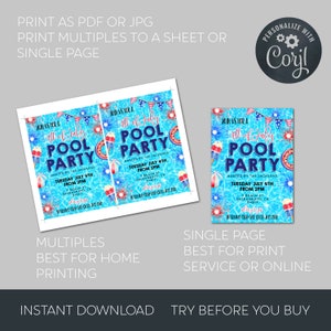 4th of July Pool Party Invitation Template, Printable July Fourth ...