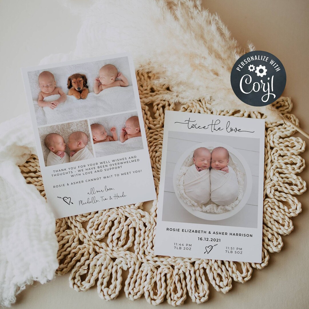 Twin Babies Birth Announcement Template, Printable Editable Newborn ...