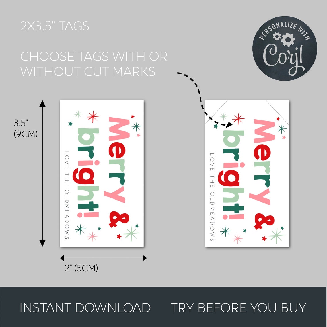 Merry & Bright Christmas Gift Tag Template, Printable Colorful Holiday ...