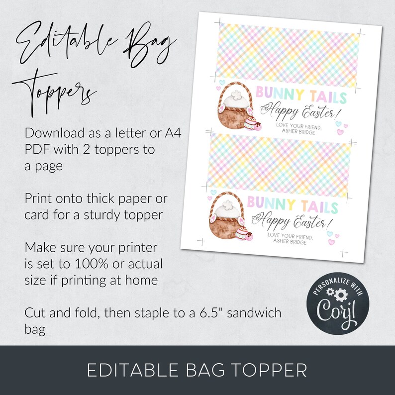 Editable Easter Bunny Tails Bag Topper Template, Printable Pastel ...