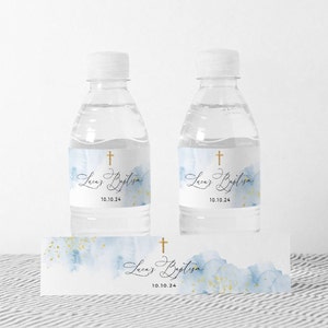 Blue & Gold Baptism Water Bottle Label Template, Printable Watercolor ...