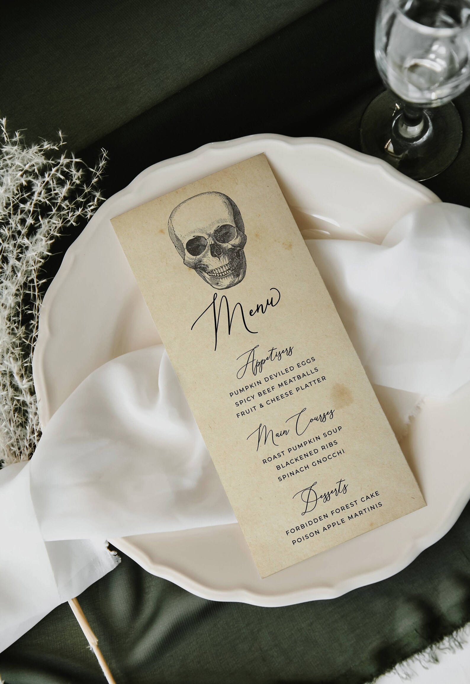 Halloween Vintage Skull Menu Template, Printable Spooky Dinner Party ...