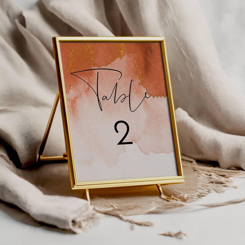 Rust & Gold Wedding Table Number Template, Printable Copper Watercolor ...