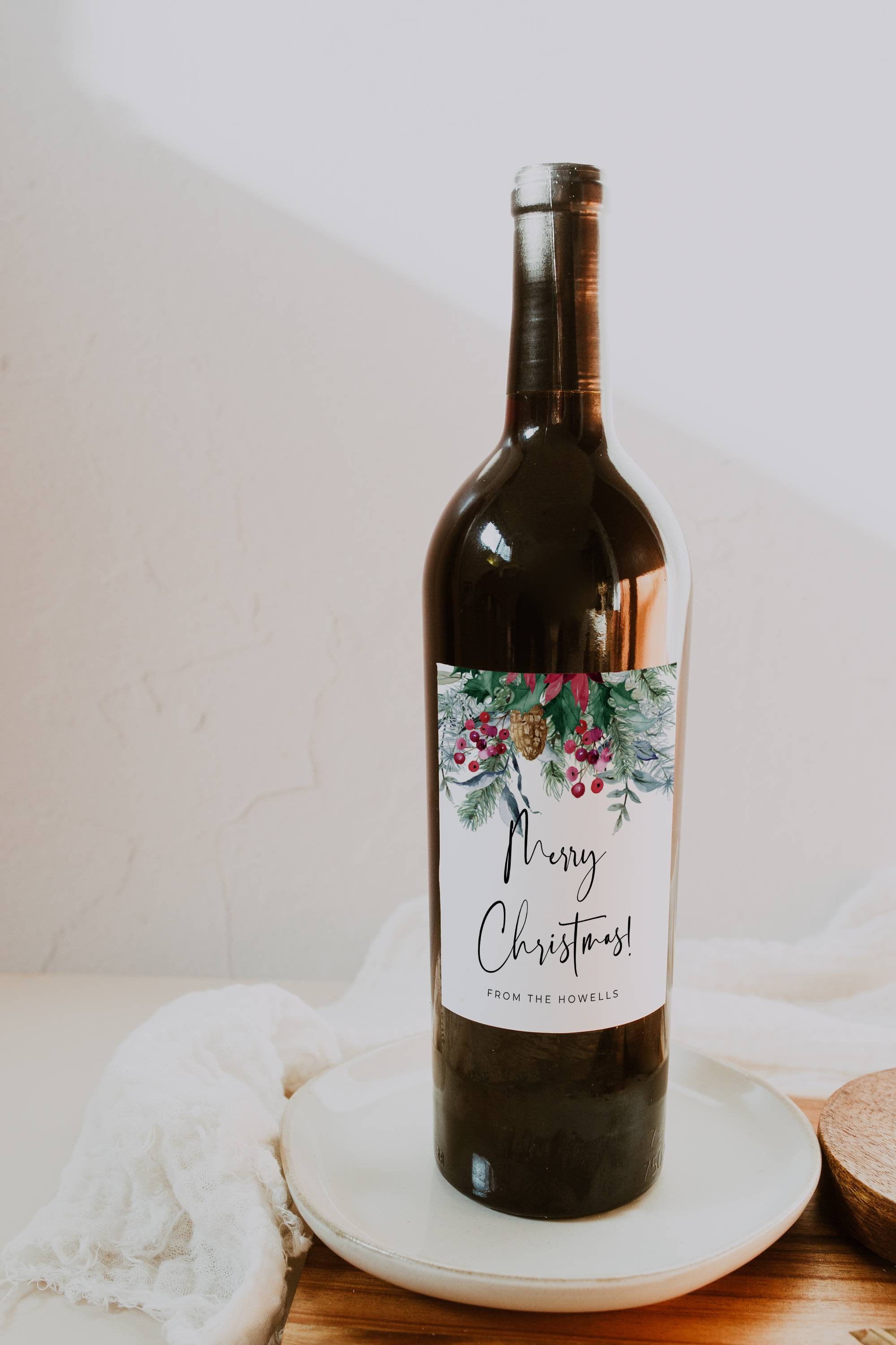 Editable Christmas Wine Bottle Label Template, Printable Holiday Floral ...
