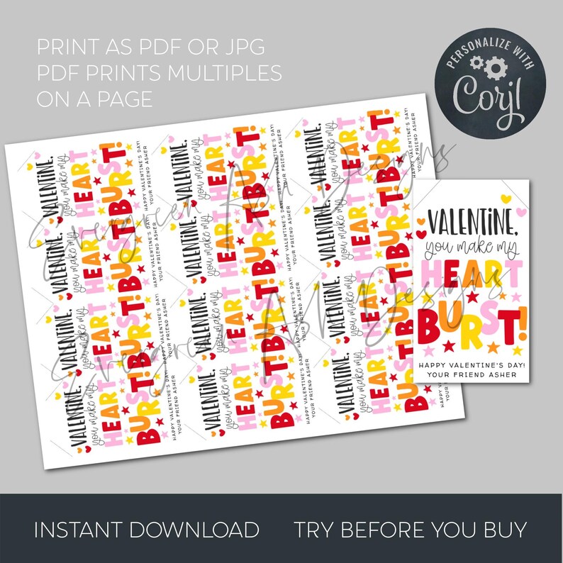 You Make My Heart Burst Valentine's Day Gift Tag Template, Printable ...