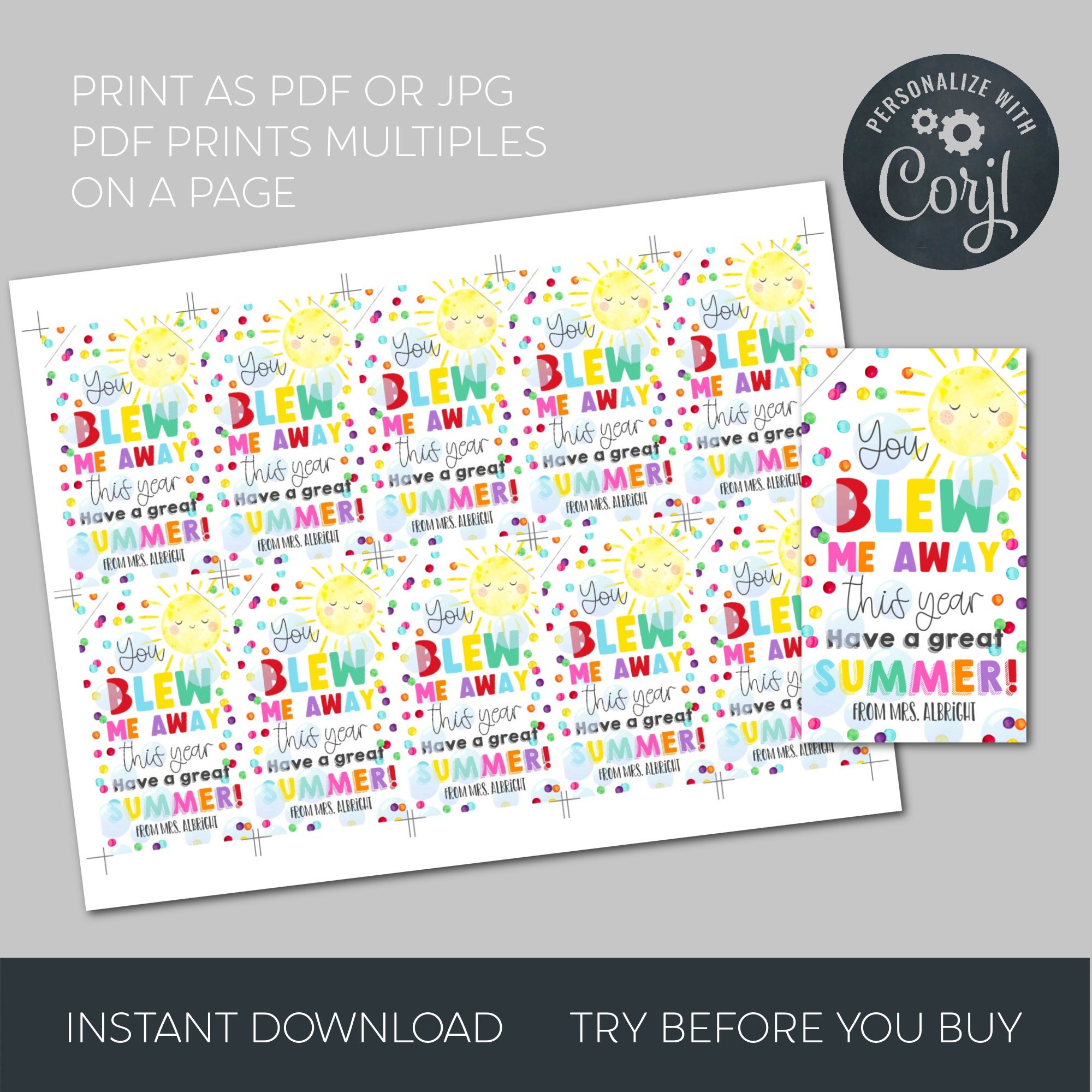 You Blew Me Away Gift Tag Template, Printable End of School Year Tags ...