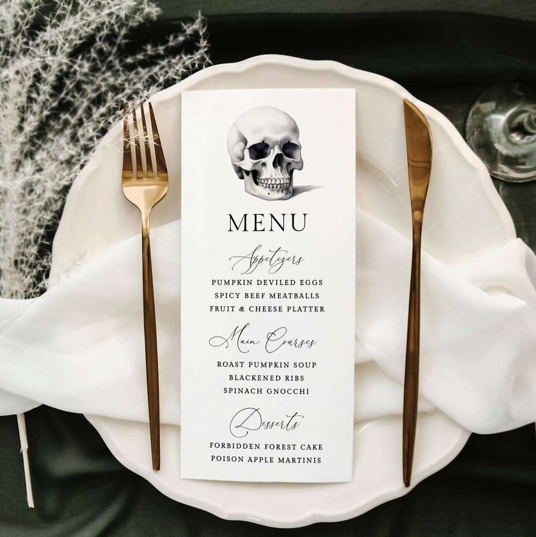 Minimalist Skull Halloween Menu Template, Printable Spooky Dinner Party ...