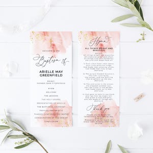 Blush & Gold Baptism Program Template, Printable Girls Christening Double Sided Program ...