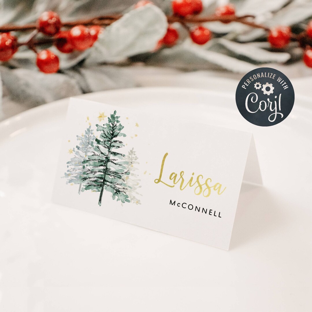 Christmas Pine Trees Place Card Template, Printable Holiday Name Cards ...