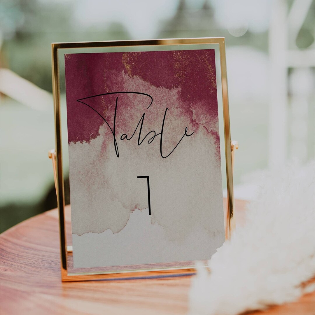 Maroon & Champagne Table Number Template, Printable Burgundy Ombre ...
