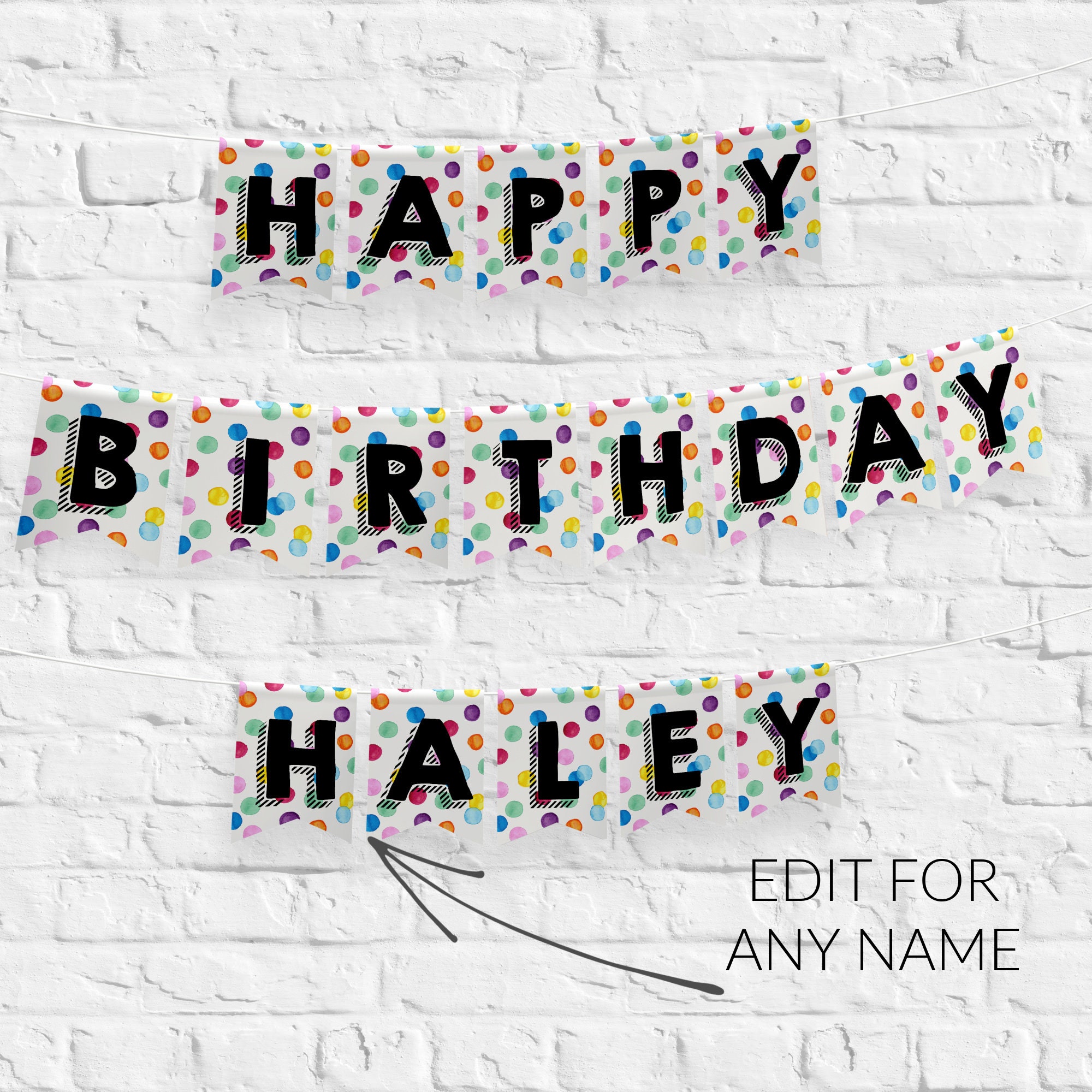 Confetti Happy Birthday Banner Printable Editable Rainbow - Etsy