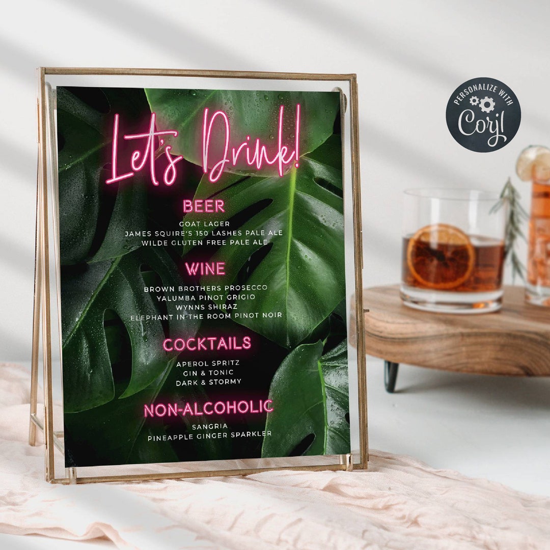 Neon Tropical Bar Menu Template, Printable Beach Destination Wedding ...