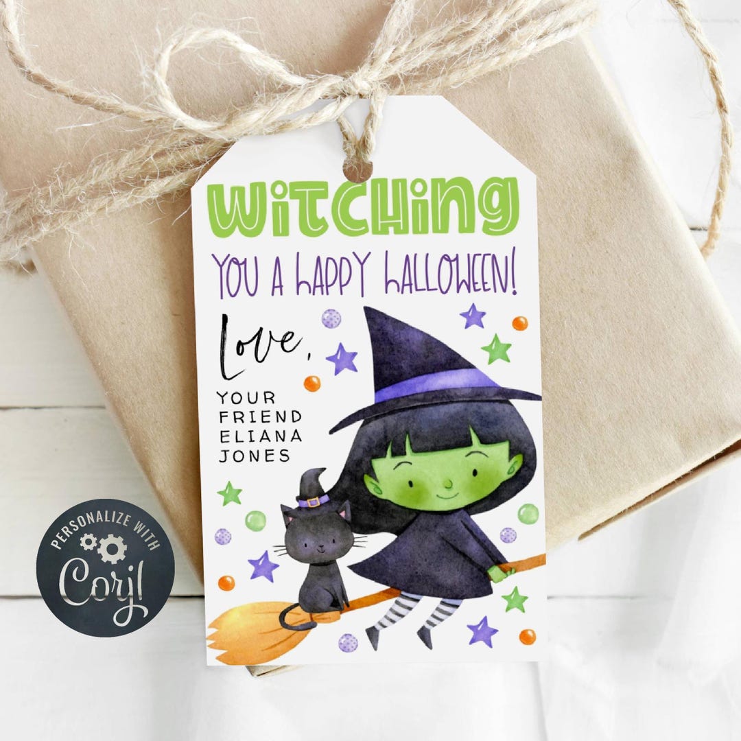 Witching You A Happy Halloween Favor Tag Template, Printable Witch Cat ...