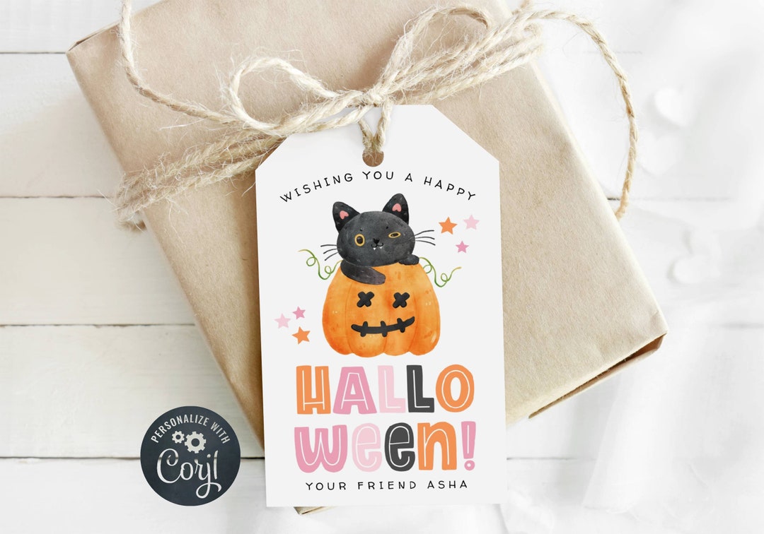 Halloween Cat Pumpkin Gift Tag Template Printable Spooky Cute - Etsy
