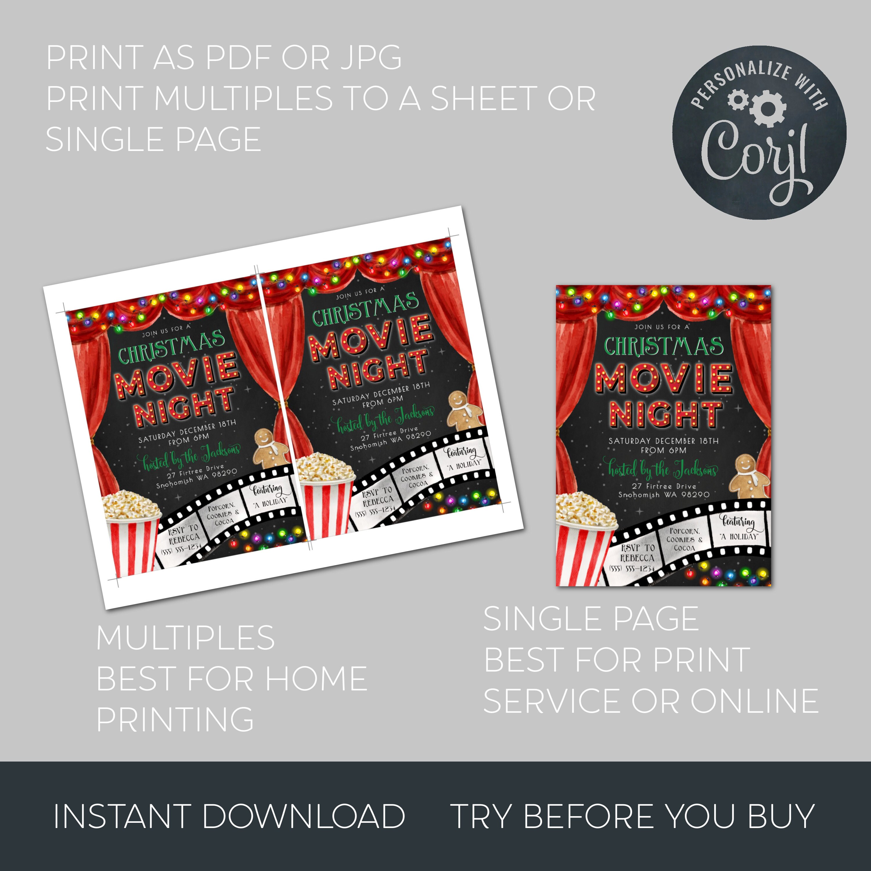 Christmas Movie Night Invitation Template, Printable Holiday Film Night ...