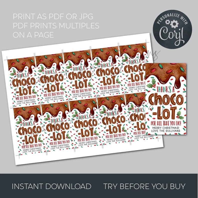 Christmas Chocolate Gift Tag Template, Printable Holiday Thanks A Choco ...