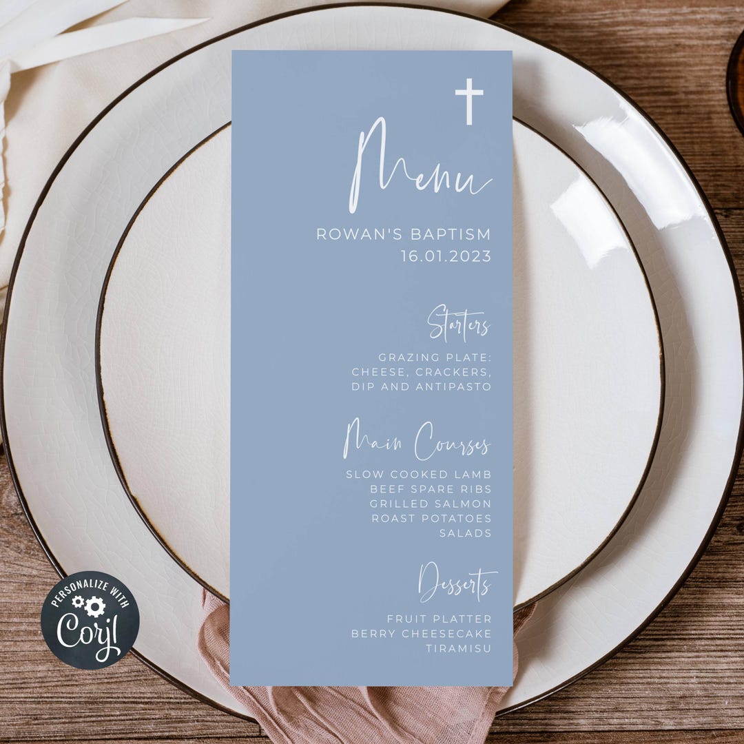 Dusty Blue Baptism Menu Template, Printable Christening Table Menu ...