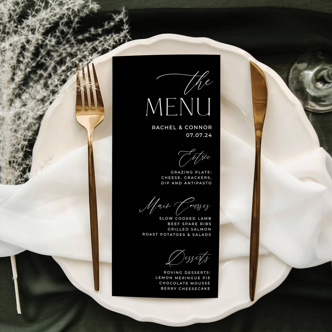 Classic Black Wedding Menu Template, Printable Modern Elegant ...