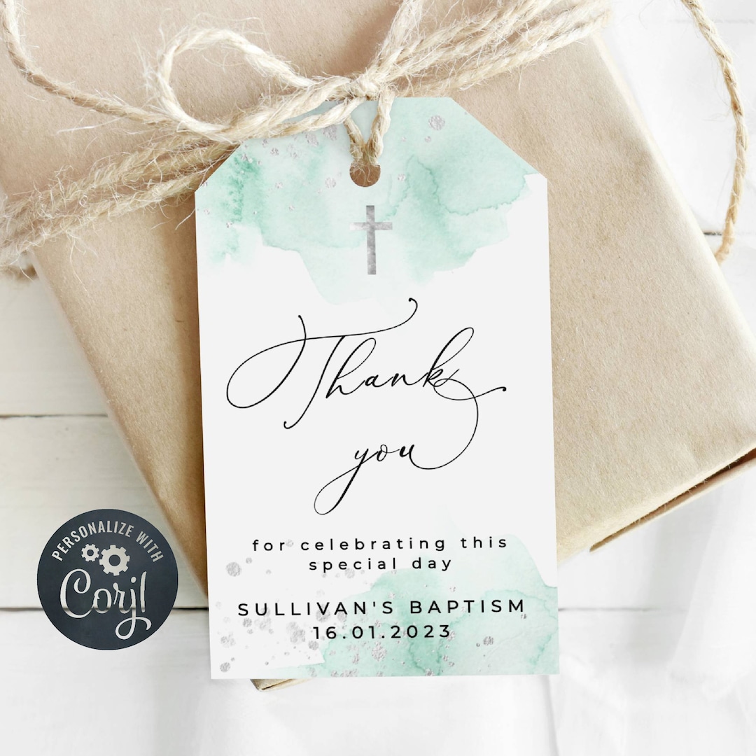 Green & Silver Watercolor Baptism Favor Tag Template, Printable Mint ...