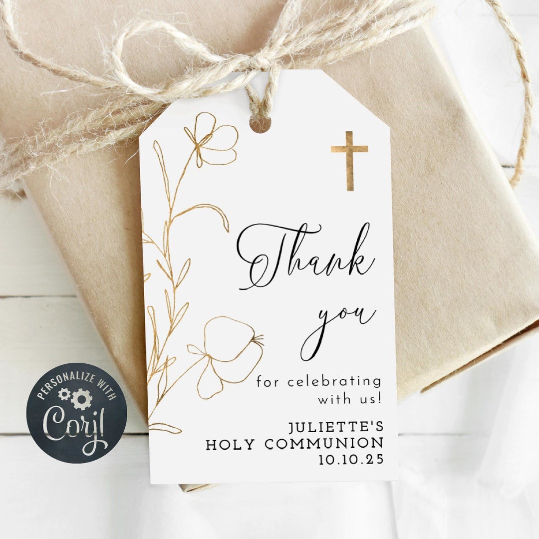 Gold Floral First Holy Communion Favor Tag Template, Printable Baptism ...