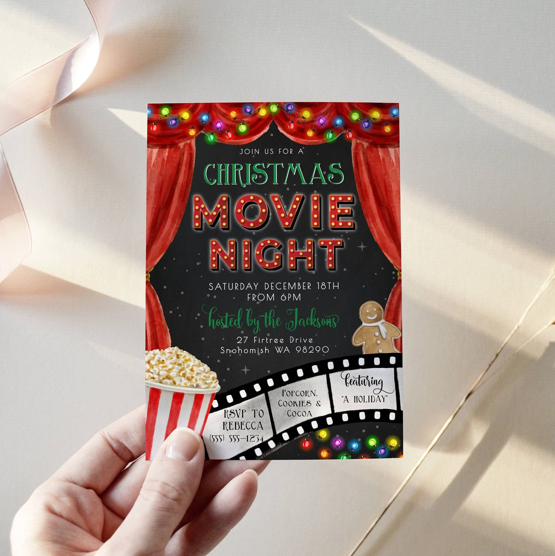 Christmas Movie Night Invitation Template, Printable Holiday Film Night ...