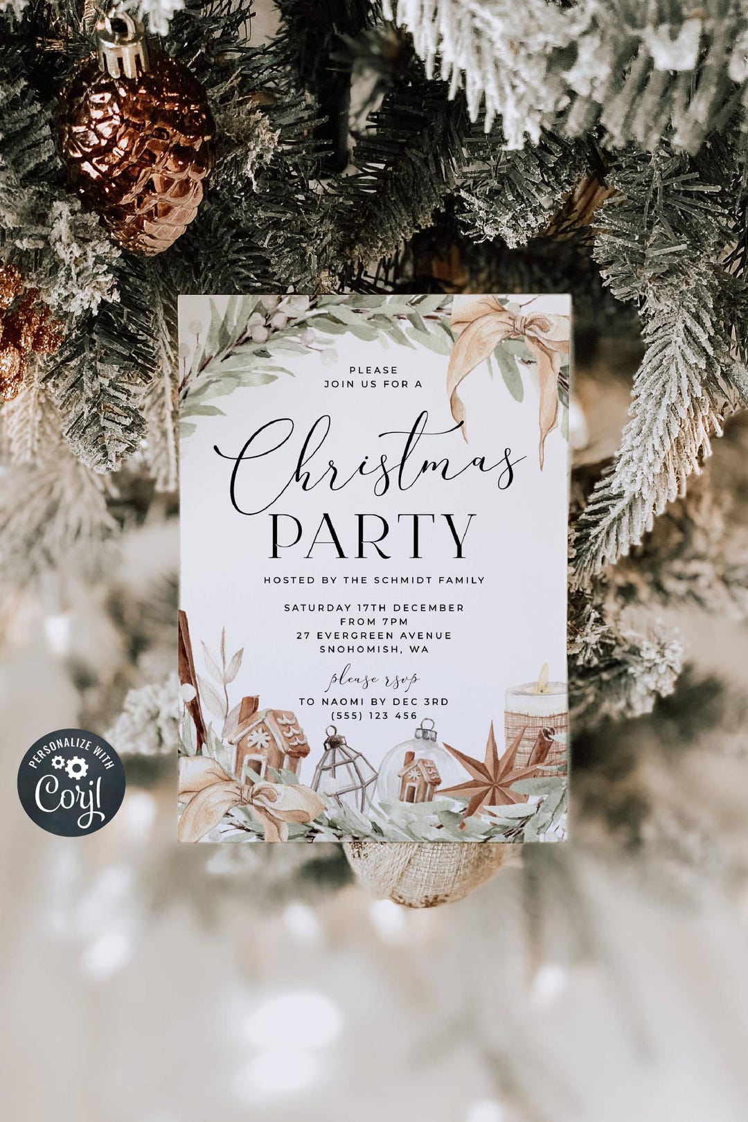 Modern Boho Christmas Party Invitation Template, Printable Holiday ...