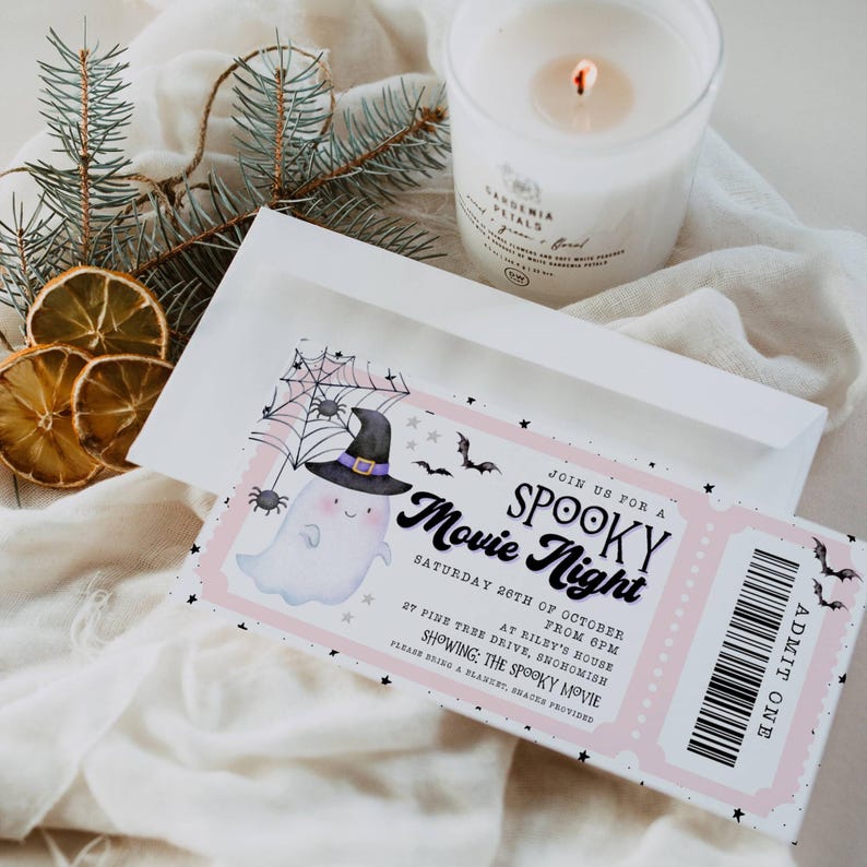 Halloween Spooky Movie Night Ticket Invitation Template, Printable Cute ...