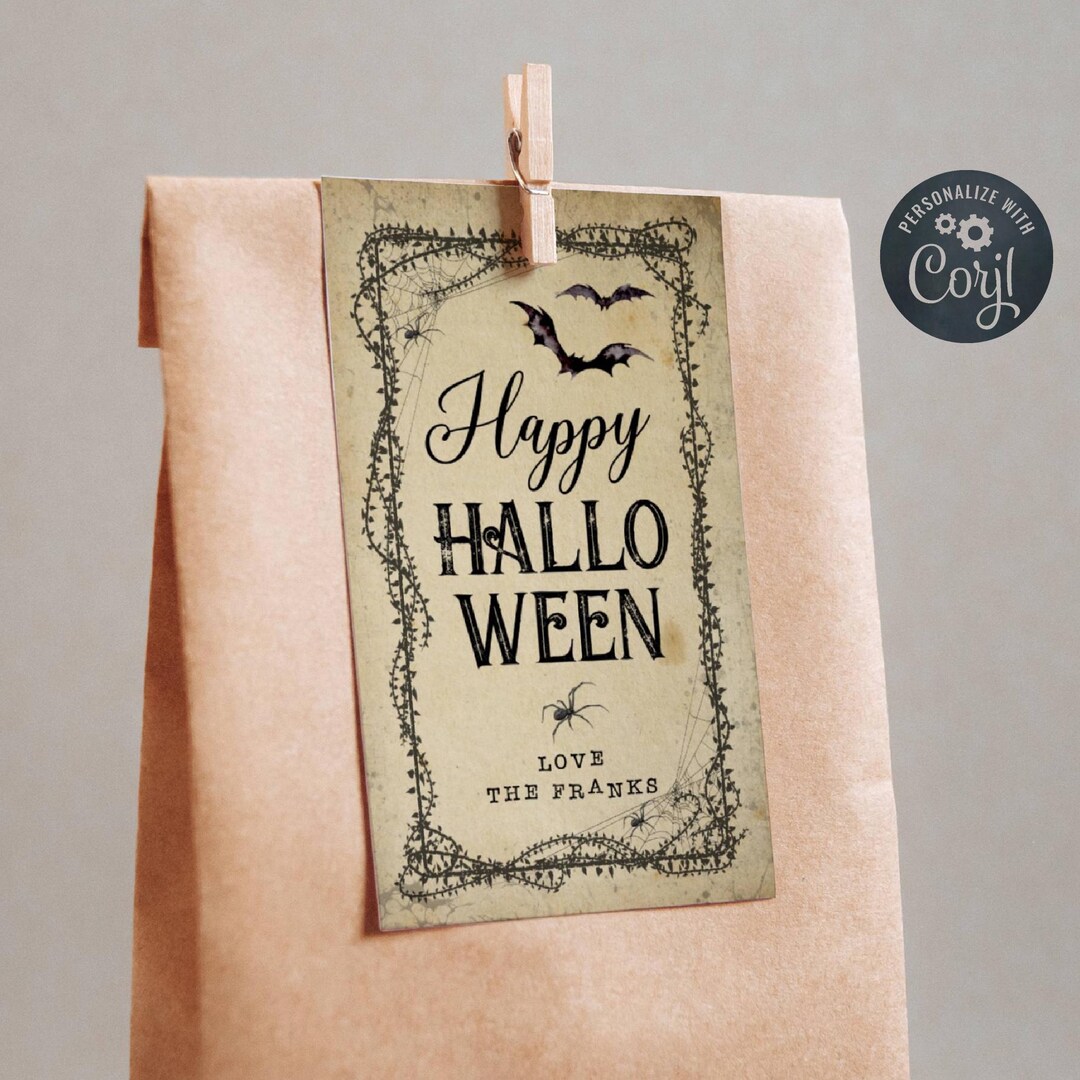 Vintage Halloween Favor Tag Template, Printable Gothic Bats Thorns Gift ...