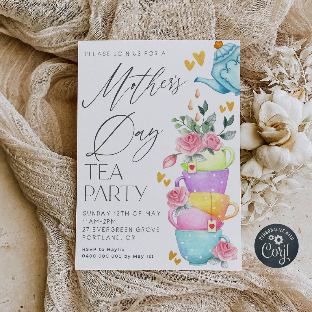 Mother's Day Tea Party Invitation Template, Printable Tea Cups Brunch ...