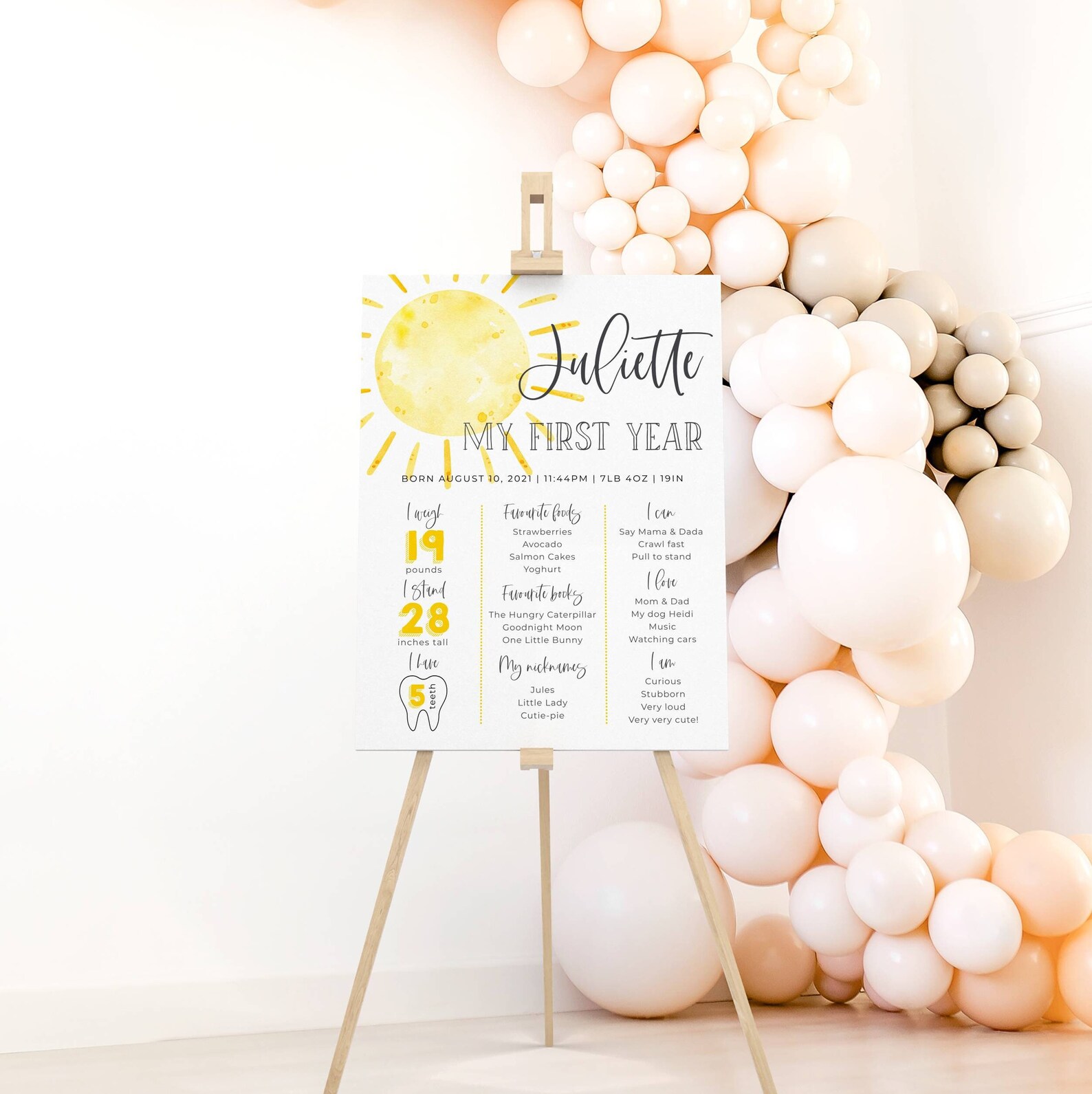 Sunshine First Birthday Milestones Sign Template, Printable Sun ...