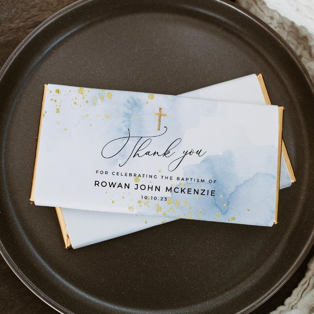 Blue & Gold Baptism Chocolate Bar Wrapper Template, Printable Editable ...