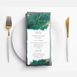 Emerald Watercolor Menu Template, Printable Hunter Green & Gold Wedding ...