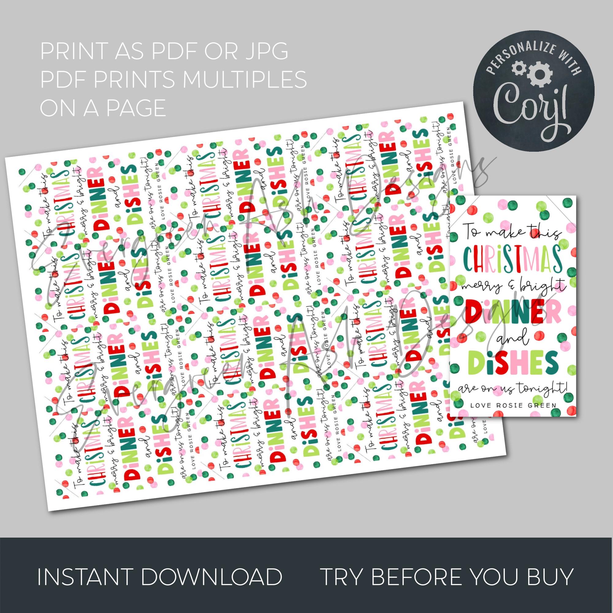Christmas Dinner & Dishes Gift Tag Template, Printable Holiday Teacher ...