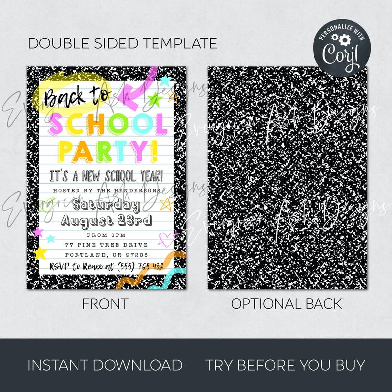 Back to School Party Invitation Template, Printable New School Year ...