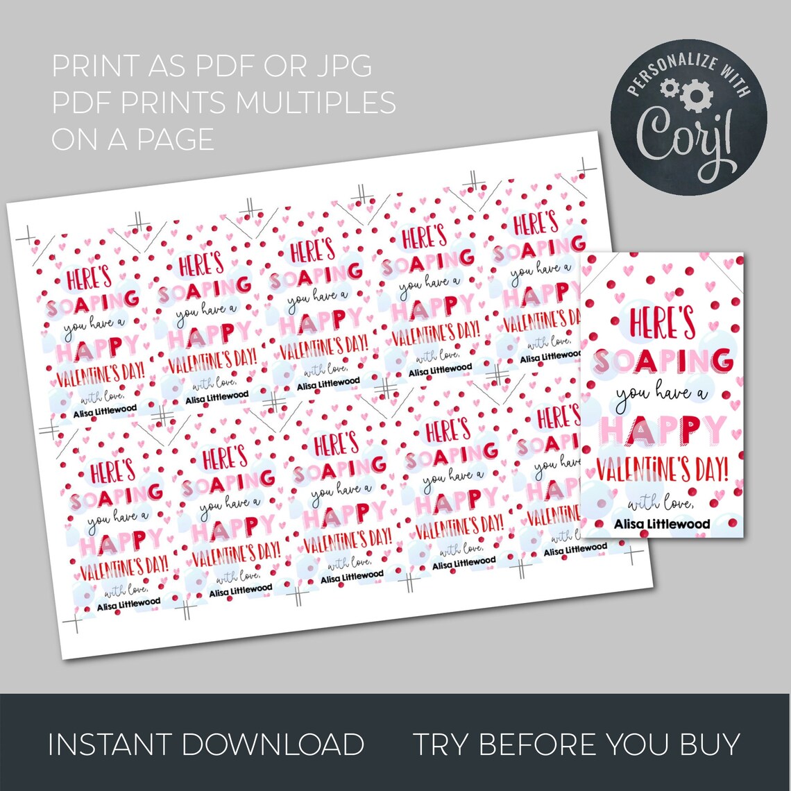 Valentine Soap Gift Tag Template, Printable Here's Soapin You Have A ...