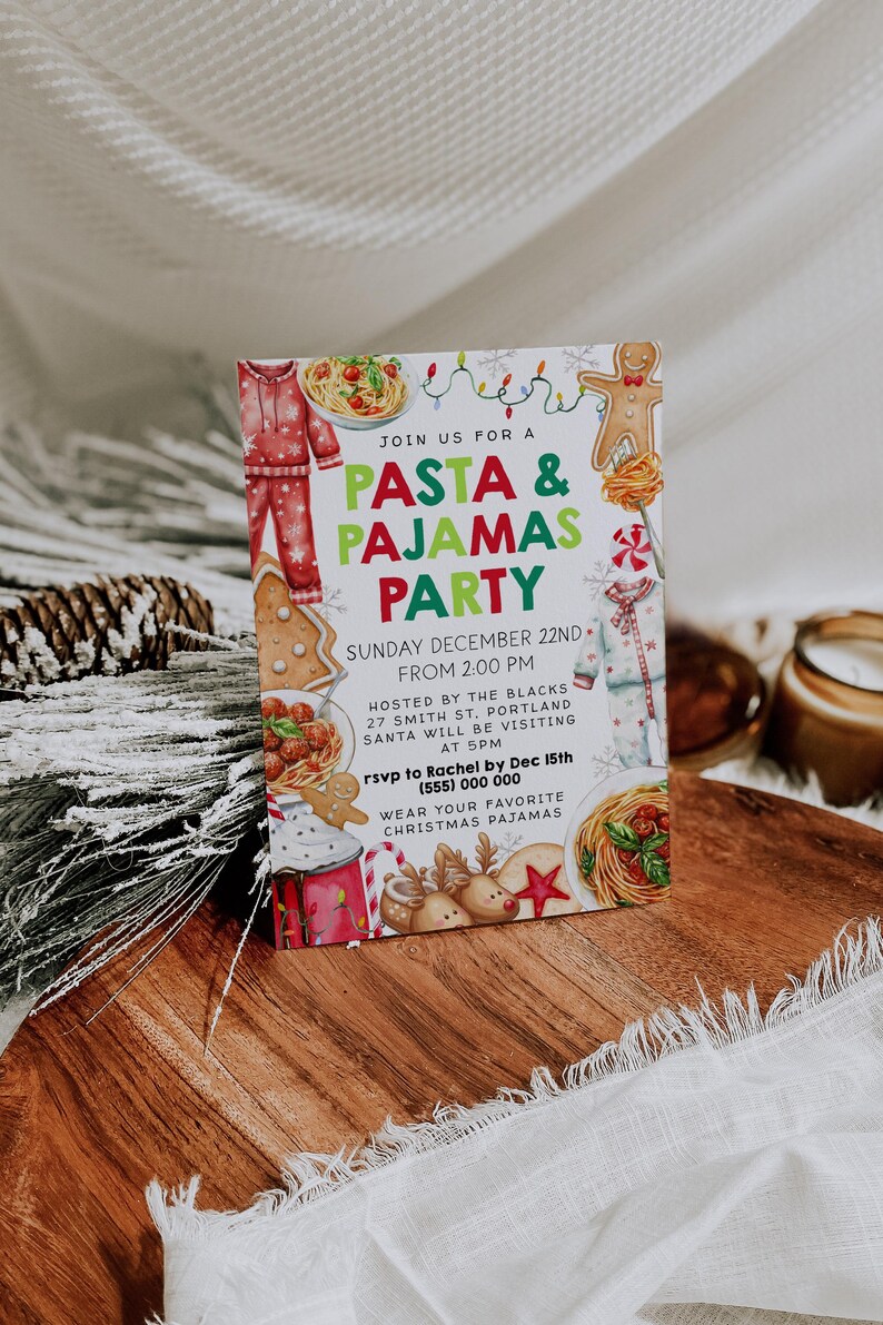 Pasta & Pajamas Christmas Invitation Template, Printable Holiday ...