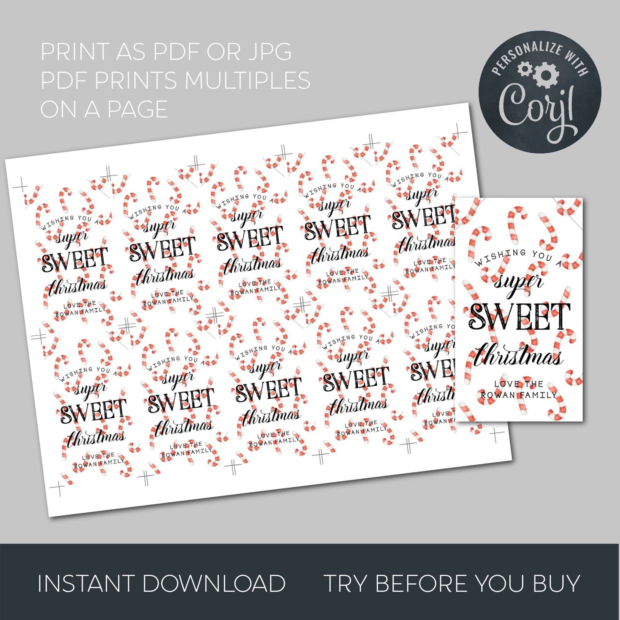 Candy Canes Christmas Gift Tag Template, Printable Holiday Favor Tags ...