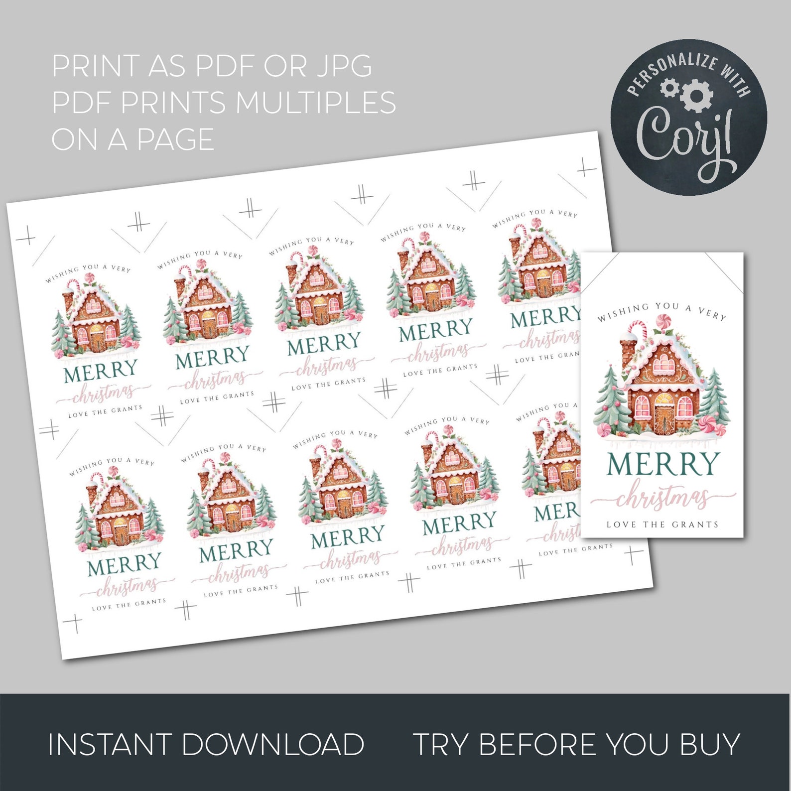 Pink Gingerbread House Gift Tag Template, Printable Holiday Favor Tag ...