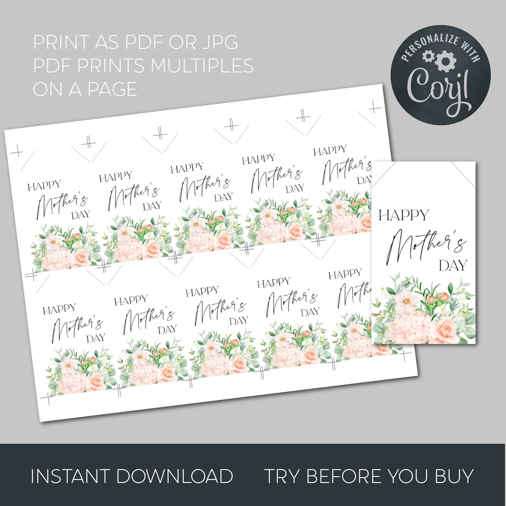 Floral Mother's Day Gift Tag Template, Printable Pink Roses & Greenery ...